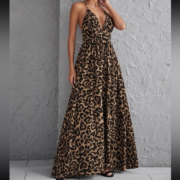 Dresses | Boho Criss Cross Backless Open Back Leopard Print Long Maxi ...